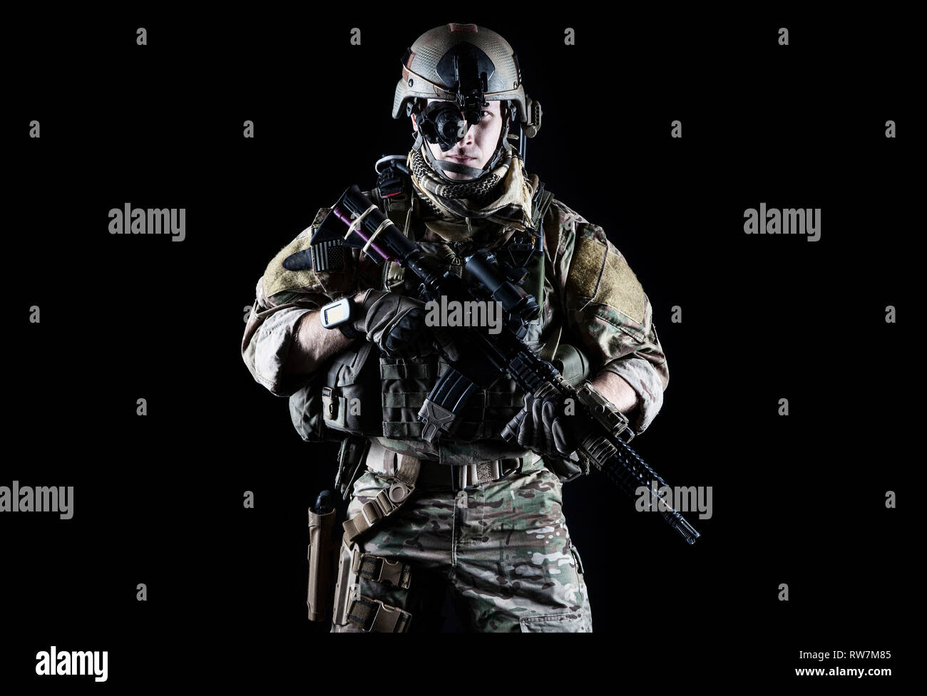 United States Army ranger with assault rifle on dark background Stock ...