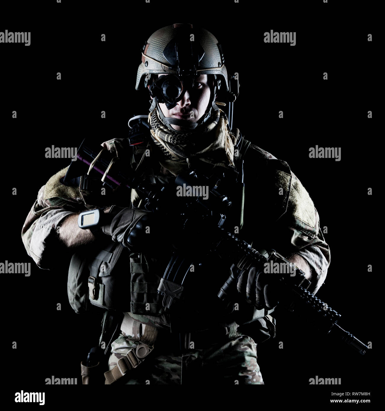 United States Army ranger with assault rifle on dark background Stock ...