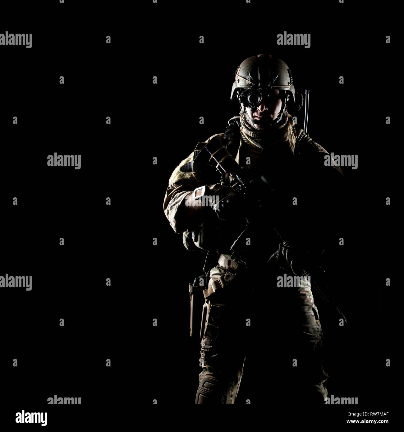 United States Army ranger with assault rifle on dark background Stock ...