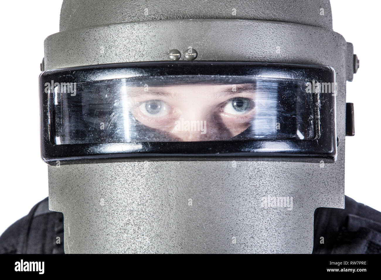 Russian special forces operator in black uniform and bulletproof helmet ...