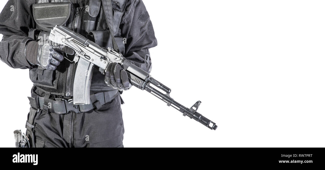 Russian special forces operator in black uniform Stock Photo - Alamy