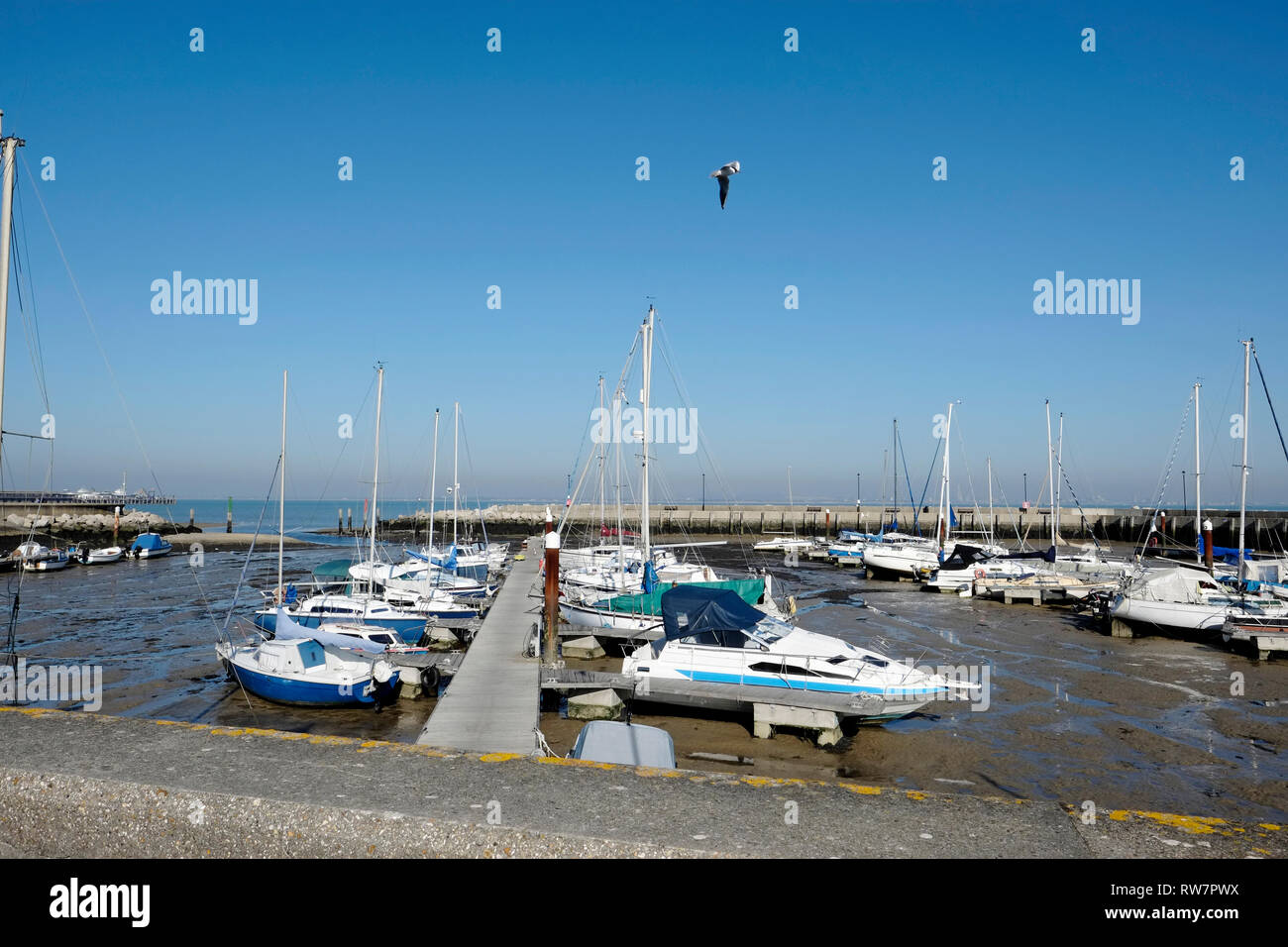 Ryde Harbour on the Isle of Wight at low tide showing yachts and motor ...