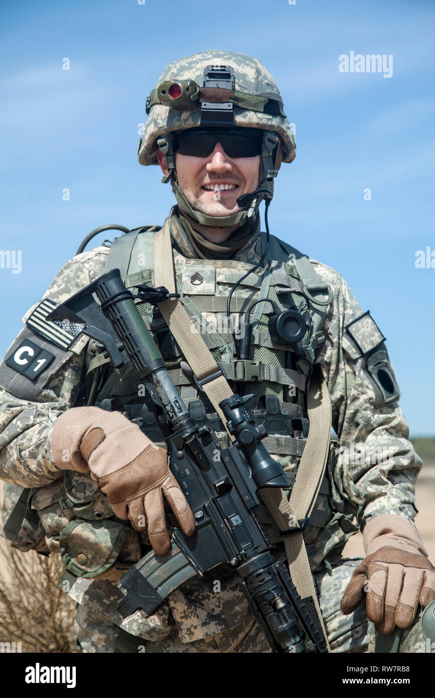 Portrait of United States airborne infantry man with gun Stock Photo ...