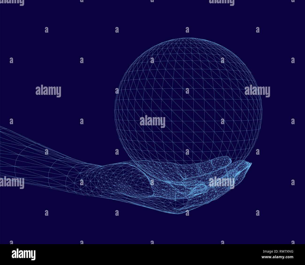 Polygonal human hand holds a sphere. 3D. Wireframe sphere in hand on a ...
