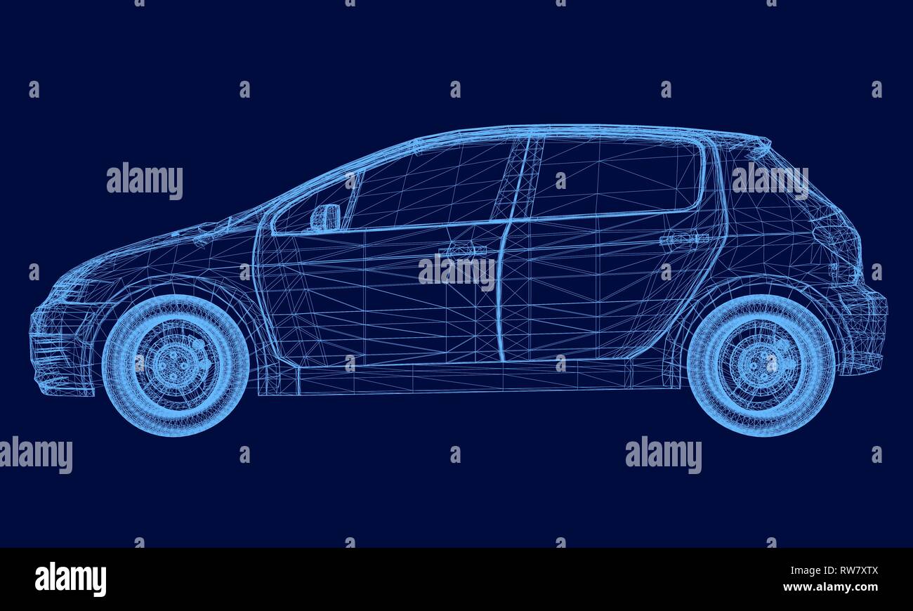 Polygonal machine of blue lines on a dark background. Car wireframe ...