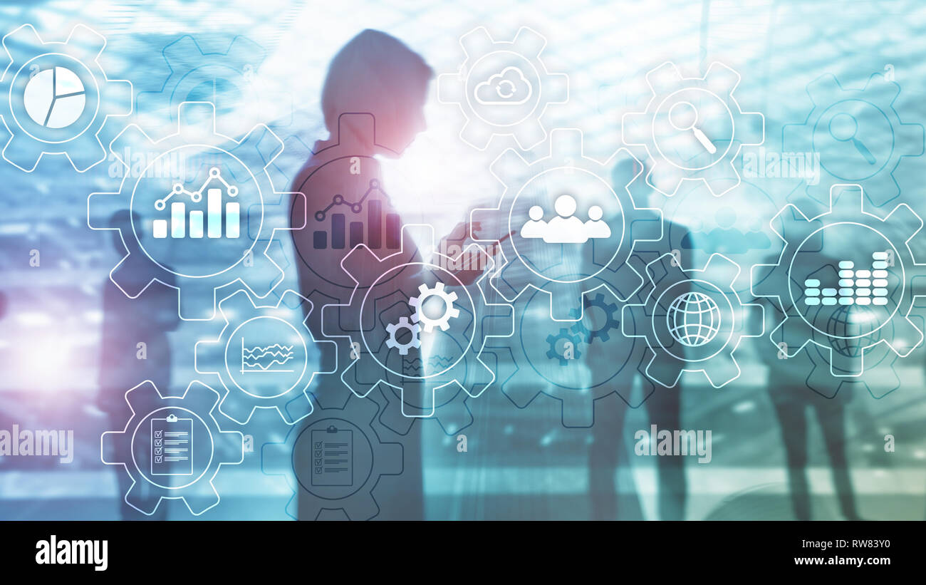 Business process abstract diagram with gears and icons. Workflow and ...