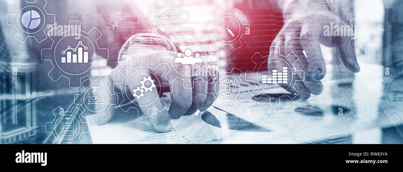 Business process abstract diagram with gears and icons. Workflow and ...