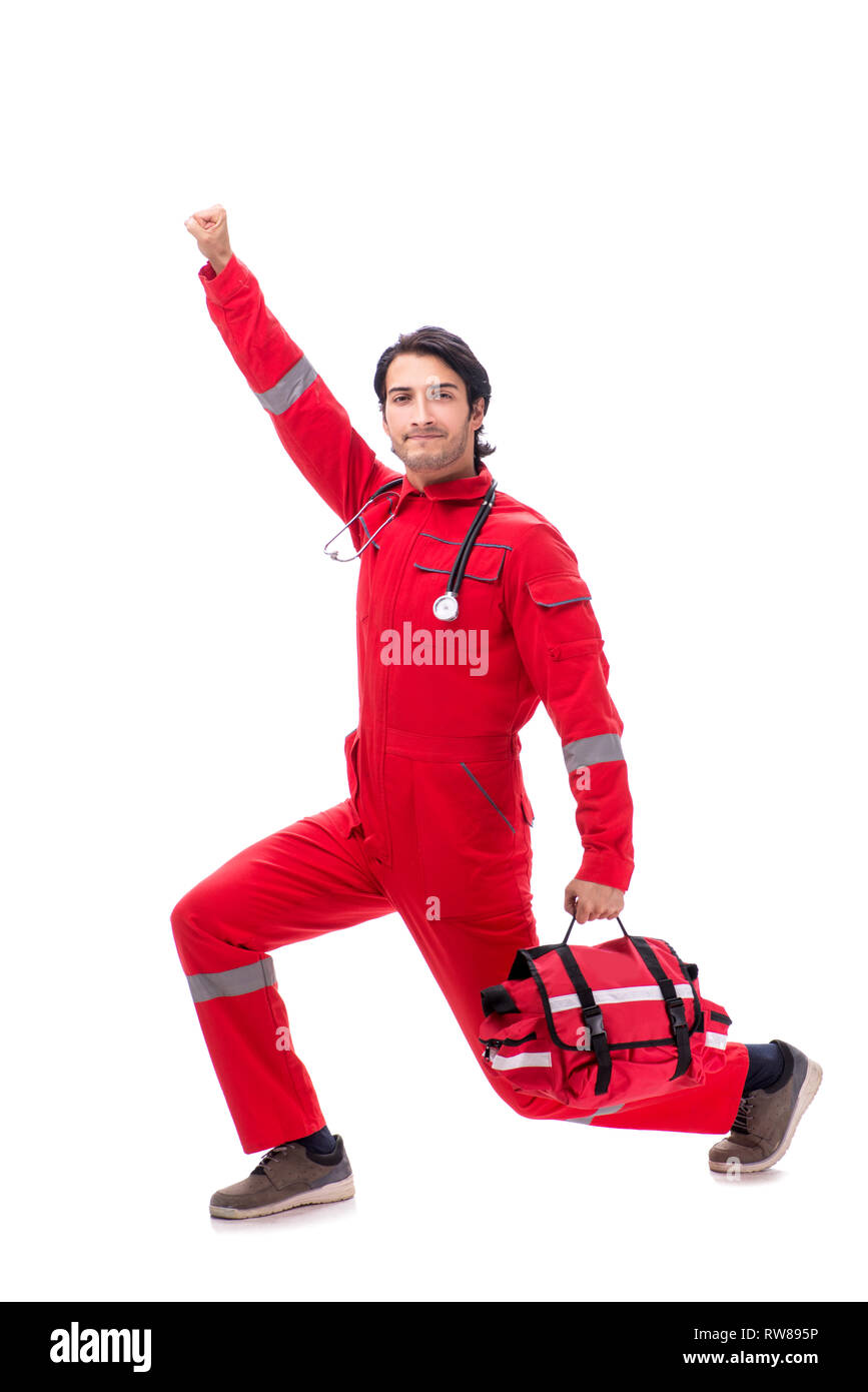 Young paramedic in red uniform isolated on white Stock Photo - Alamy