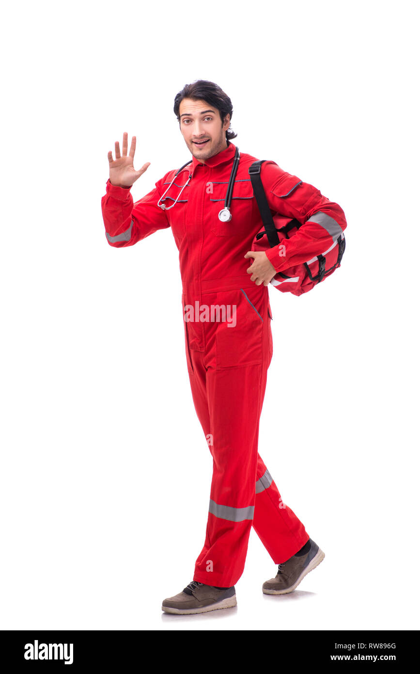 Young paramedic in red uniform isolated on white Stock Photo - Alamy