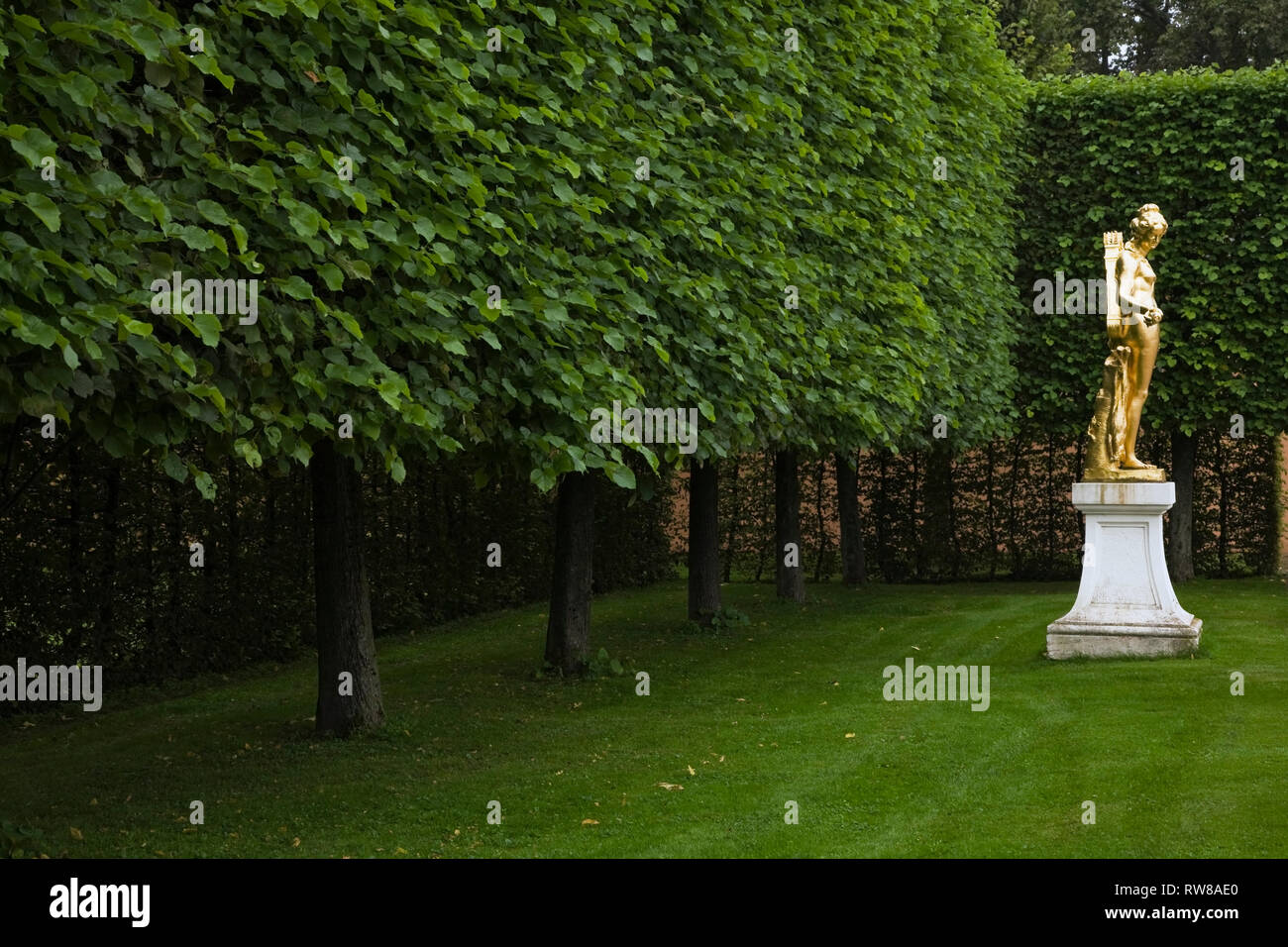 Trimmed deciduous tree hedge and golden statue of the hunting goddess ...