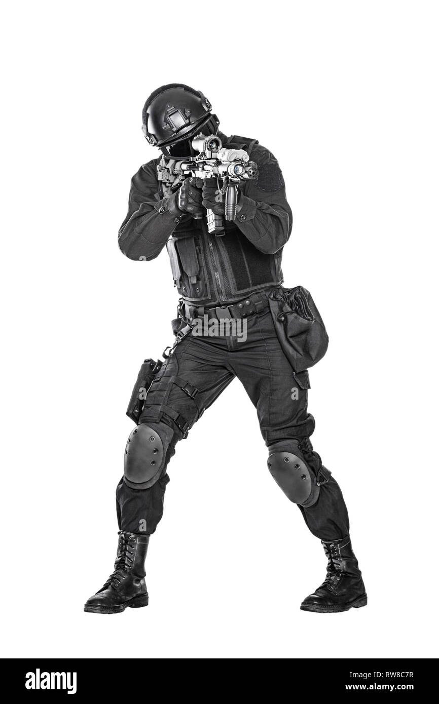 Studio shot of SWAT police special forces with automatic rifle Stock ...