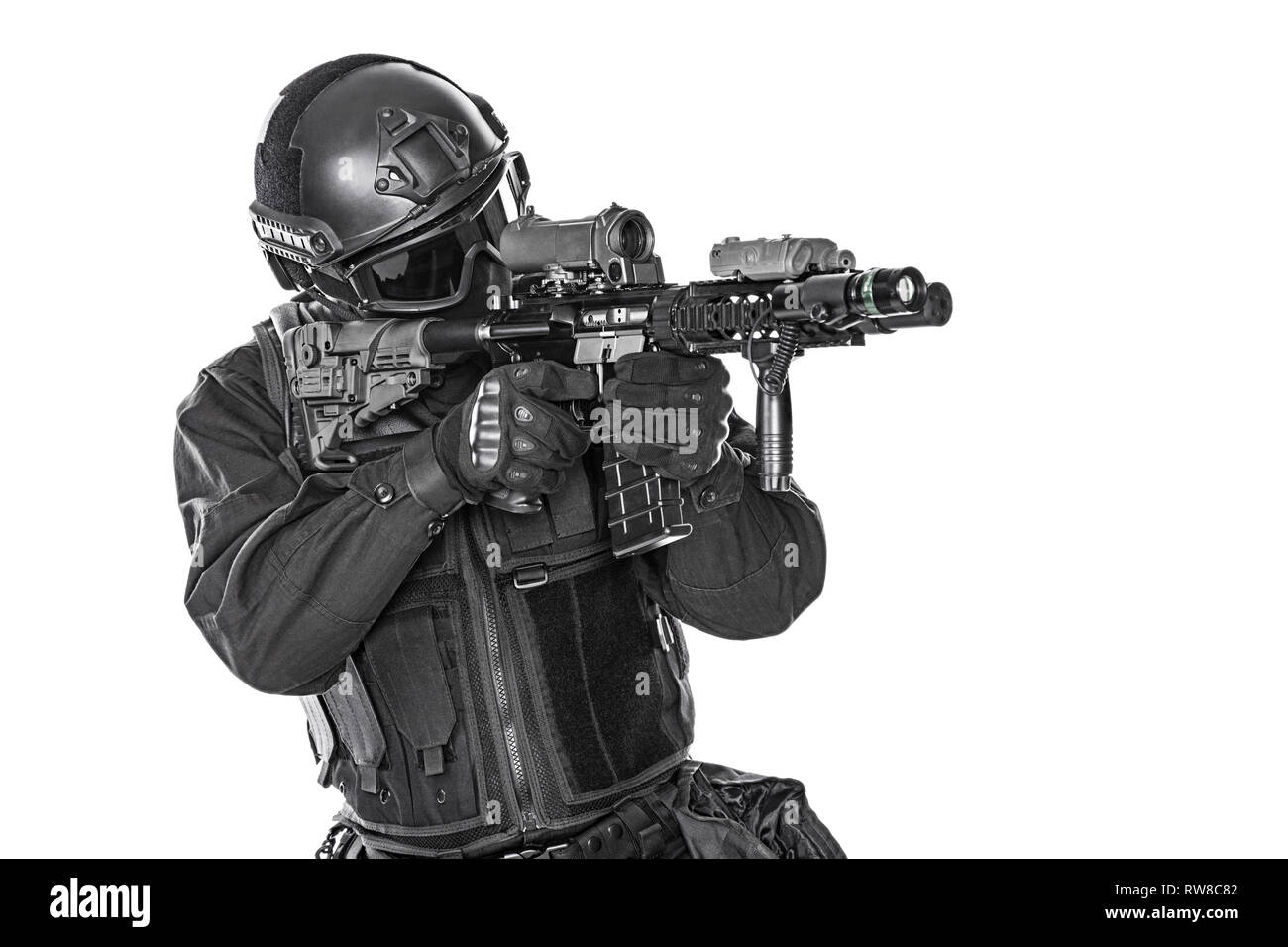 Studio shot of SWAT police special forces with automatic rifle Stock ...