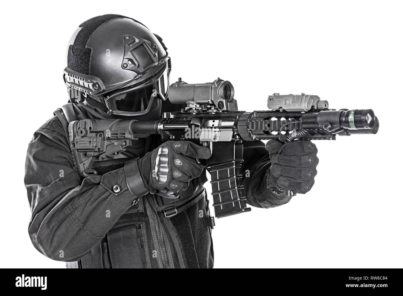Studio shot of SWAT police special forces with automatic rifle Stock ...