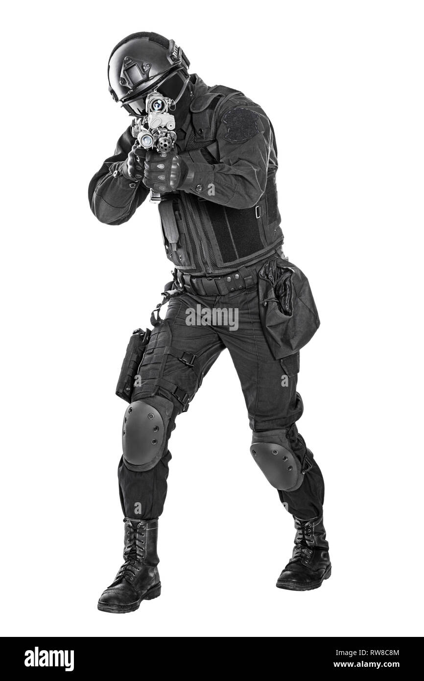 Studio shot of SWAT police special forces with automatic rifle Stock ...