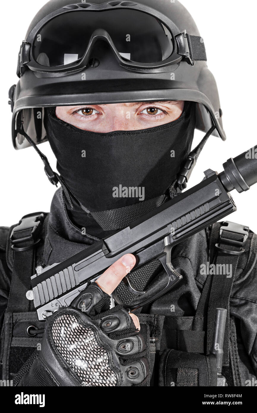 Spec ops police officer SWAT in black uniform with pistol Stock Photo ...