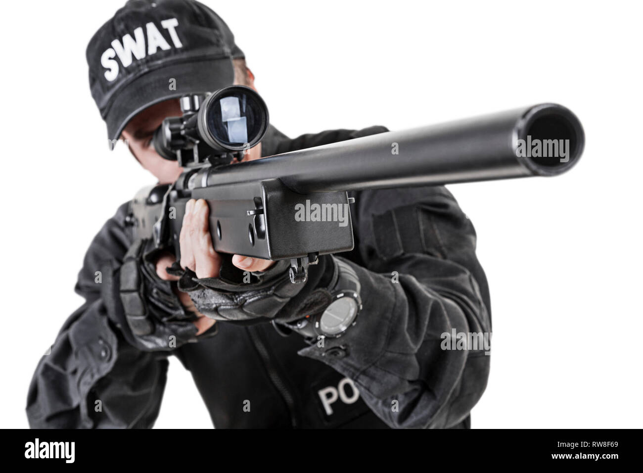 Spec ops police officer SWAT wearing black uniform Stock Photo - Alamy