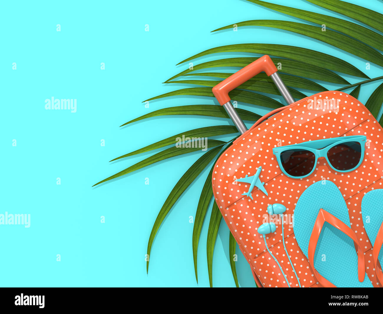 3d render of suitcase with vacation stuff over blue background with ...