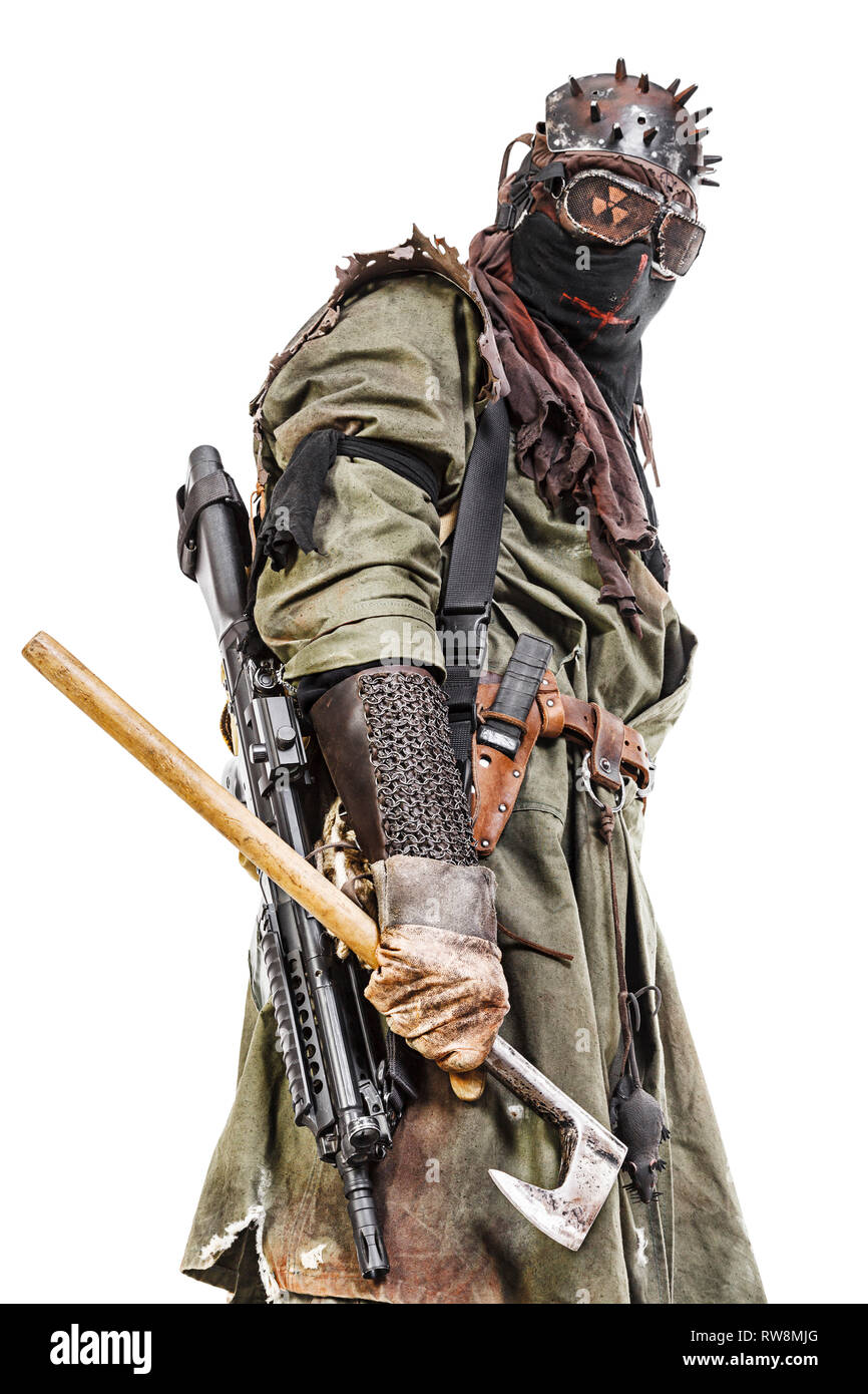Studio shot of a nuclear post apocalypse survivor in tatters Stock ...