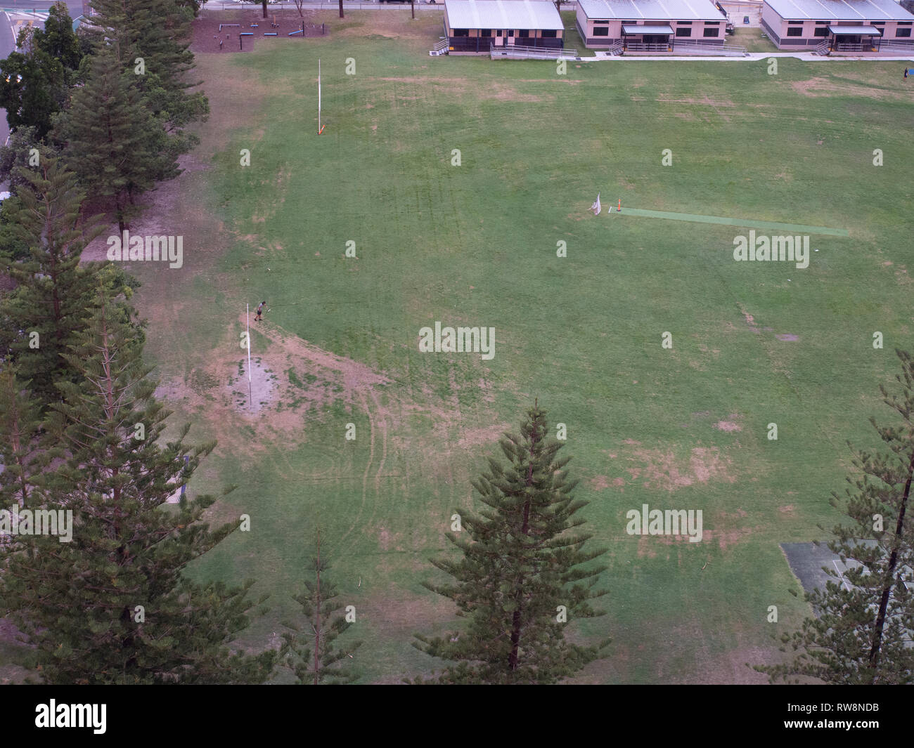 Elevated view of Broadbeach State School sports grounds, featuring a ...