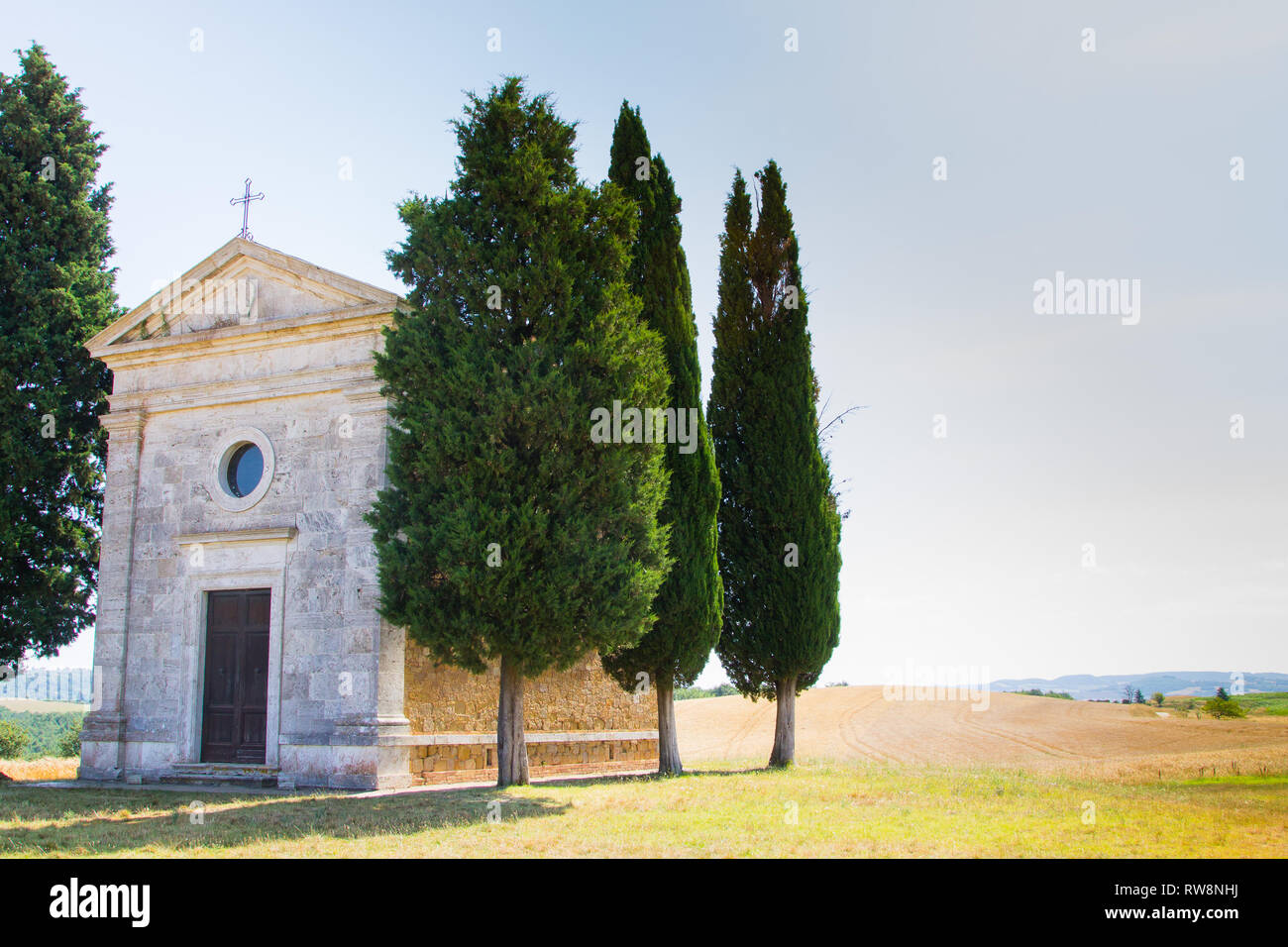 Isolated church in tuscany hills, Italian landscape. Church of Madonna ...