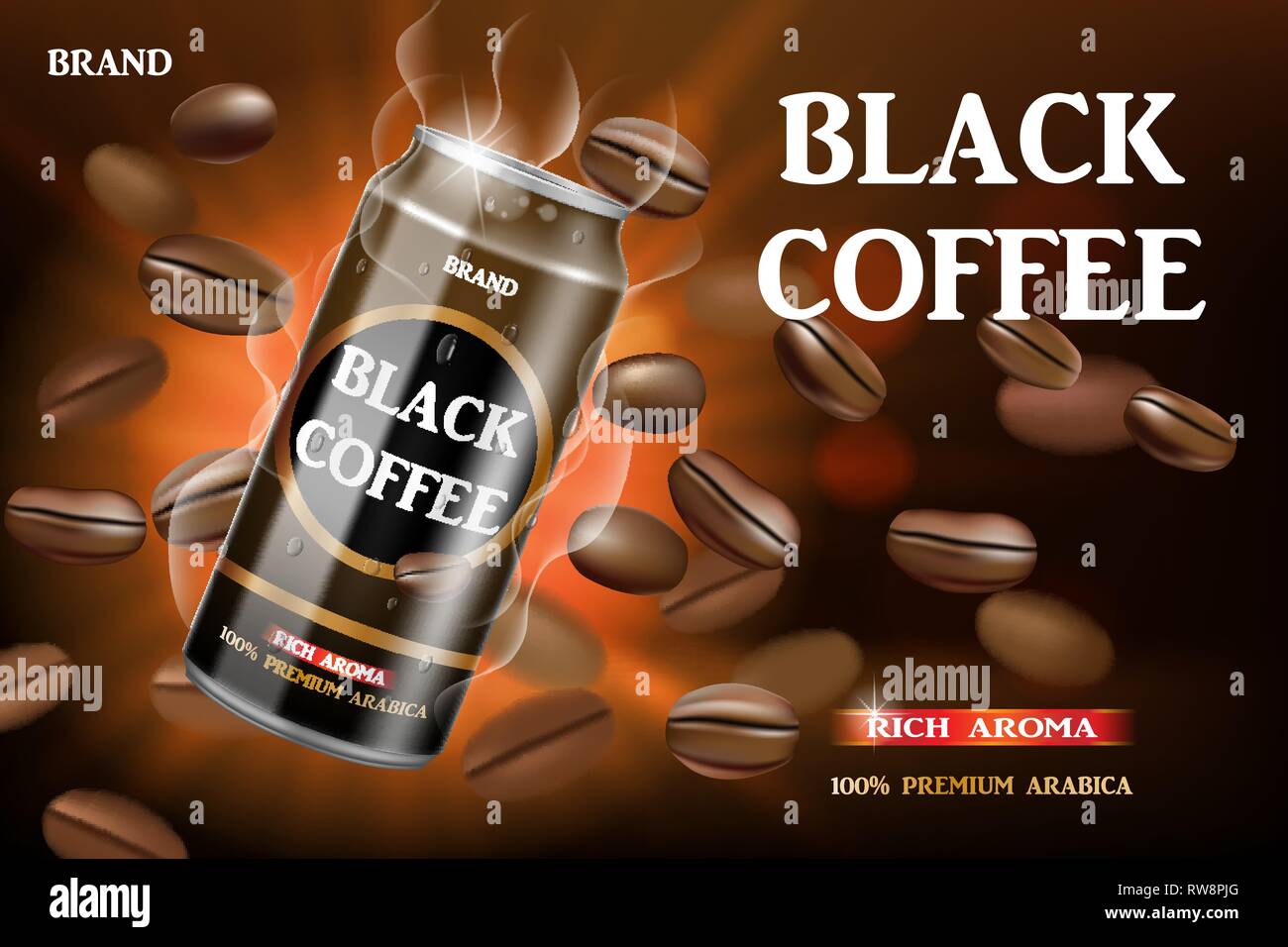 Realistic black canned coffee with beans swirling around. Product ...