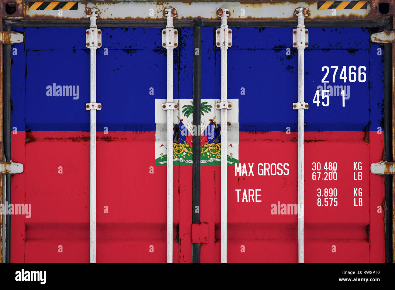 Close-up of the container with the national flag of Haiti. The concept ...