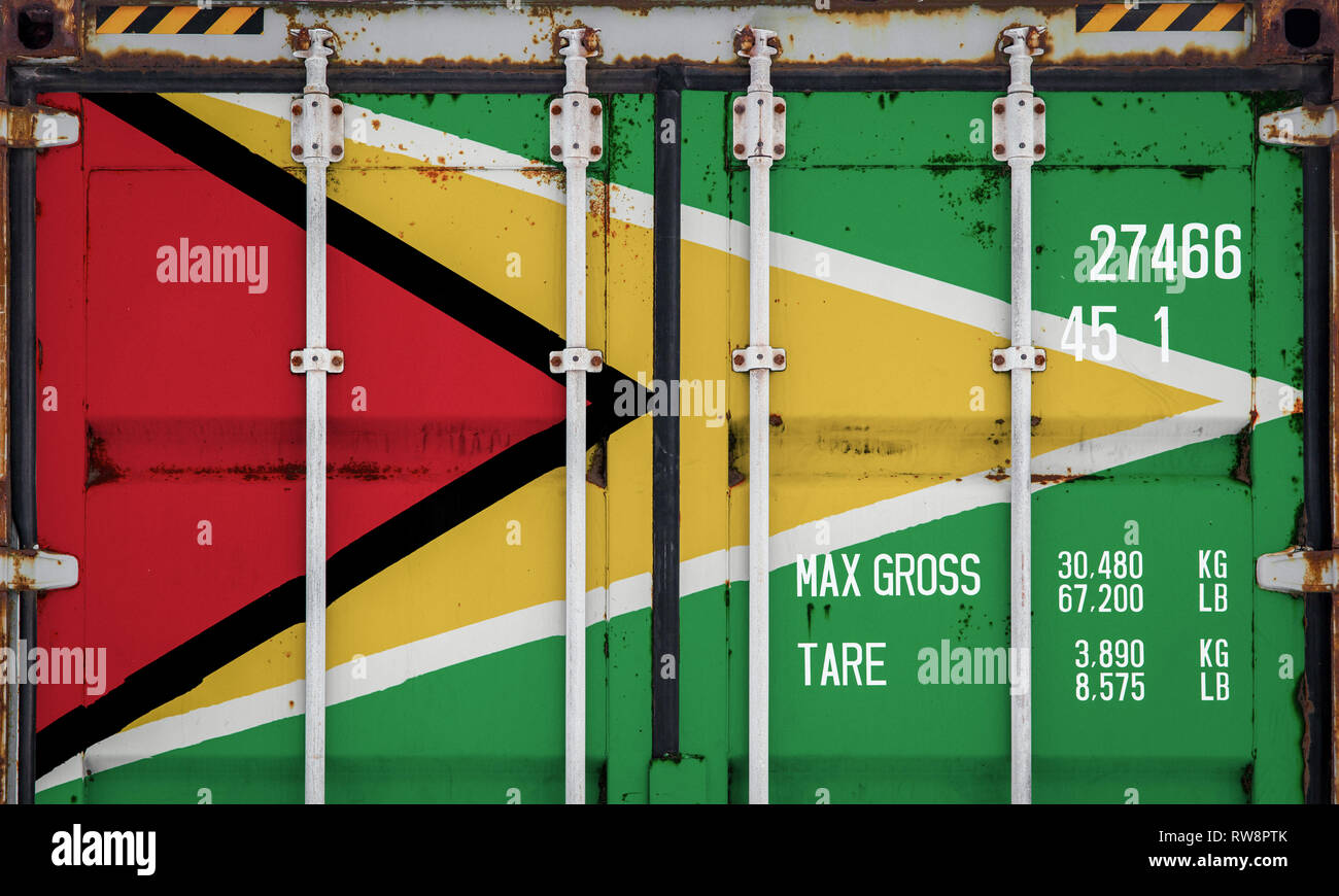 Close-up of the container with the national flag of Guyana. The concept ...