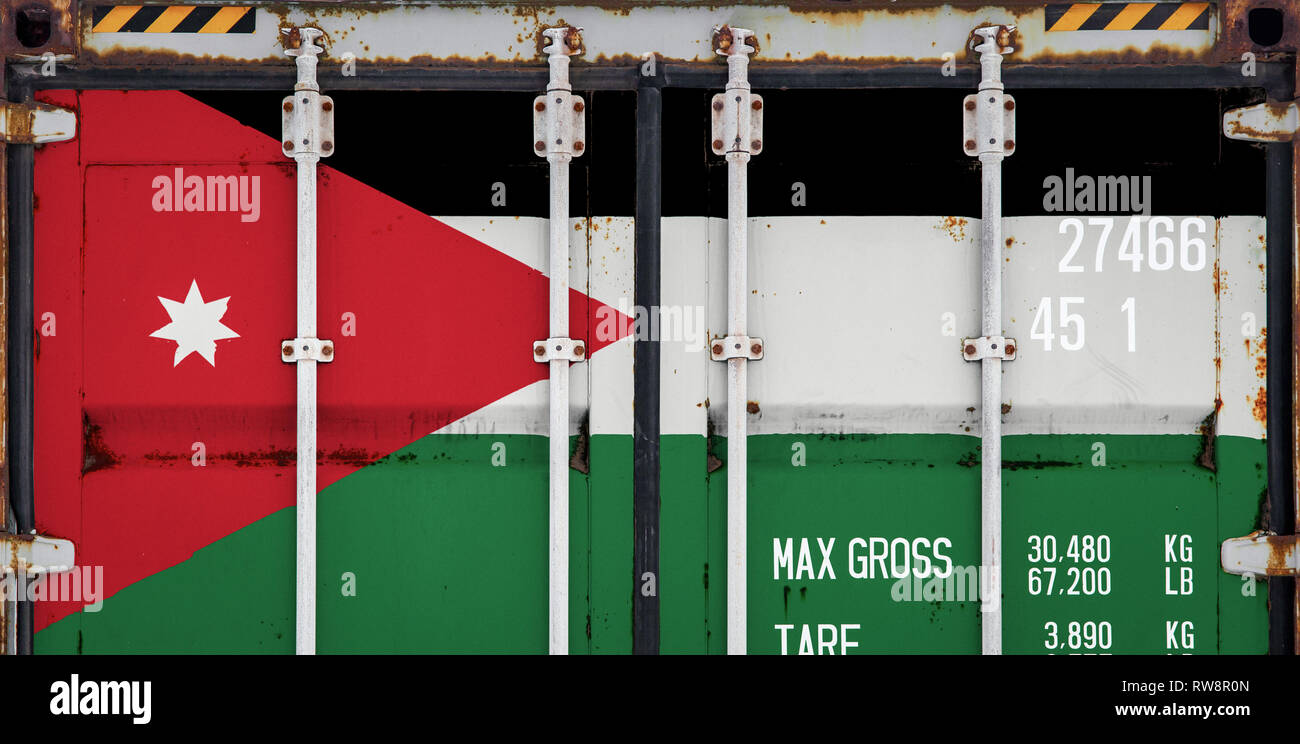 Close-up of the container with the national flag of Jordan. The concept ...