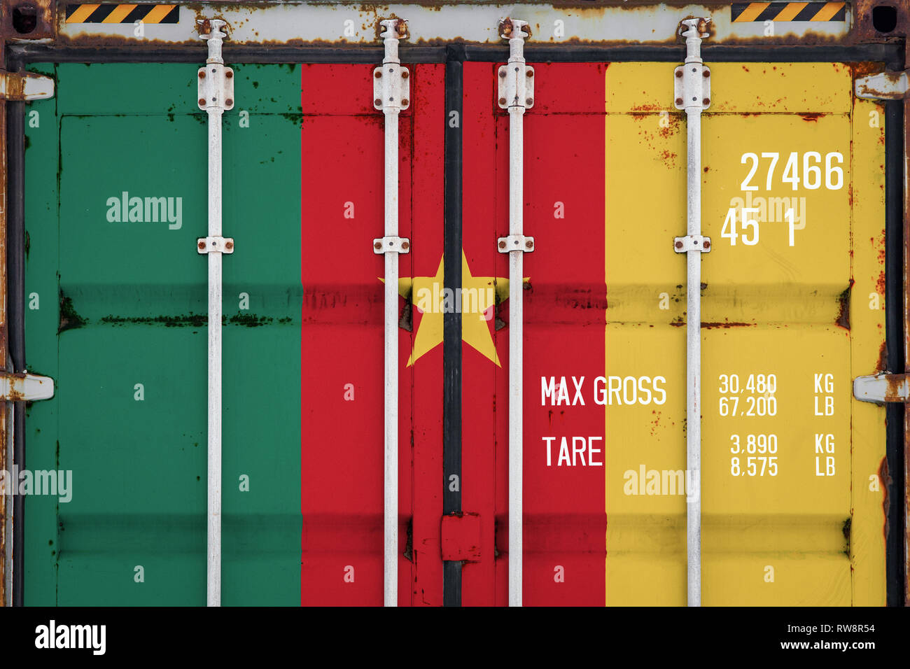 Close-up of the container with the national flag of Cameroon. The ...