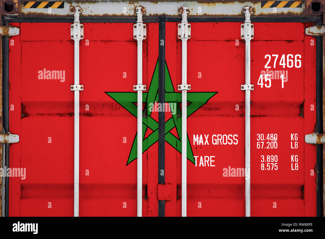 Close-up of the container with the national flag of Morocco. The ...