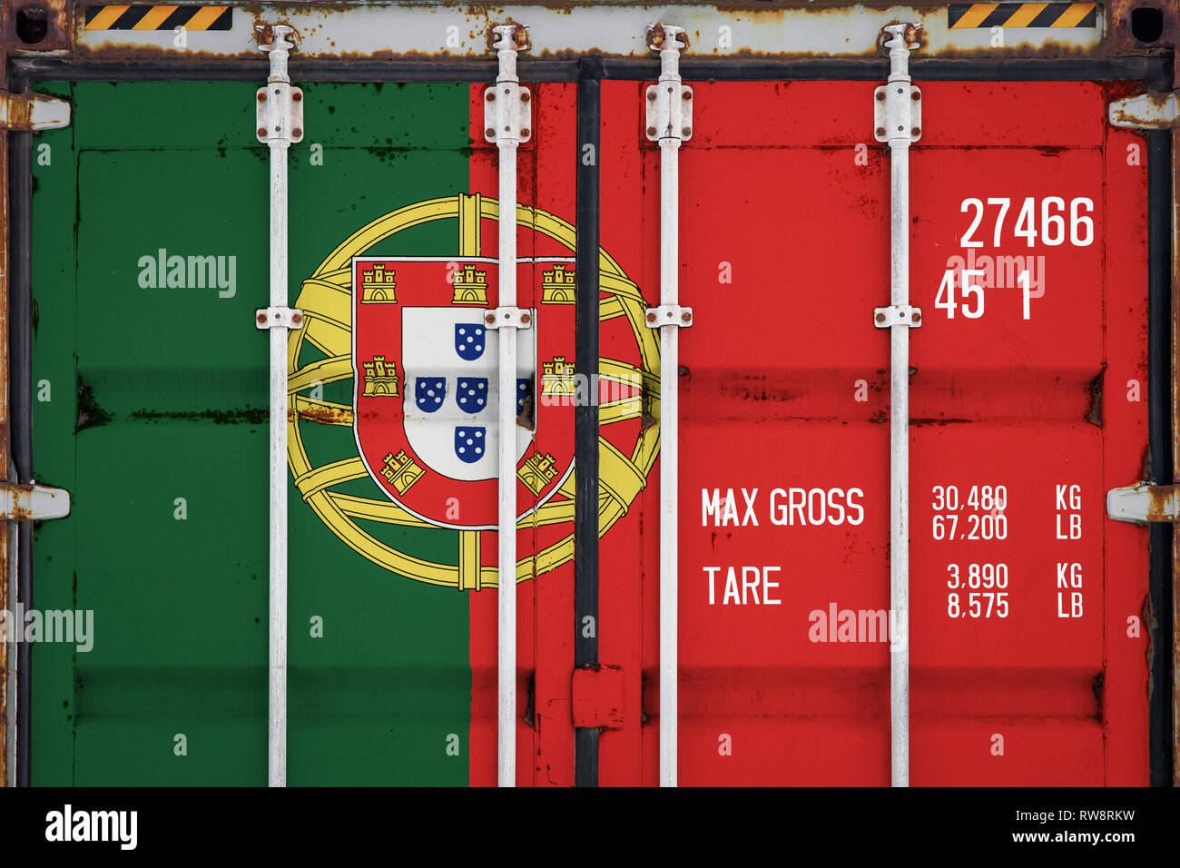 Close-up of the container with the national flag of Portugal. The ...