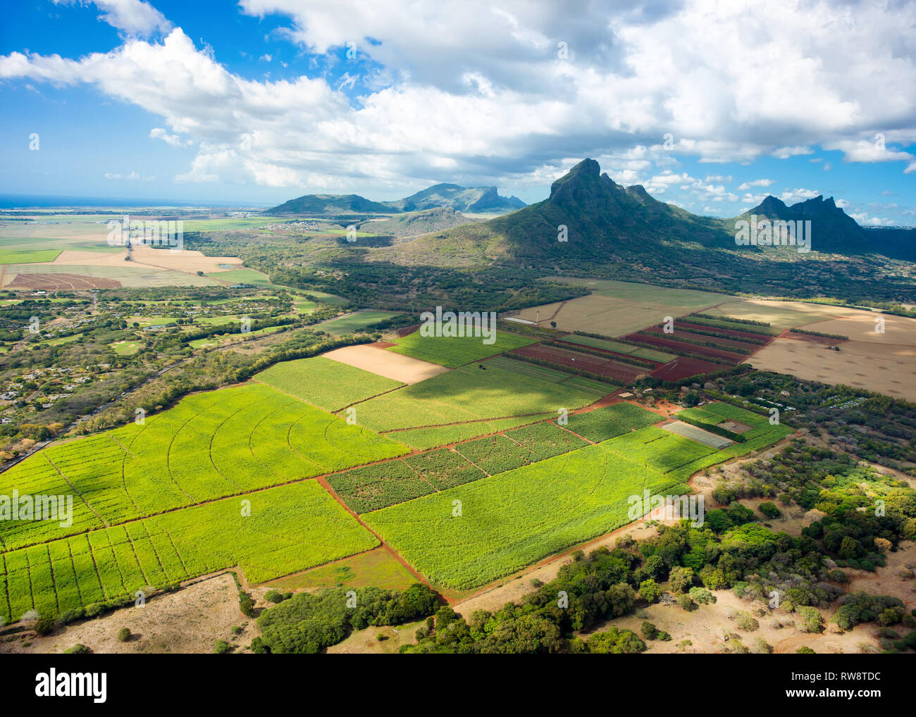 Aerial view of Mauritius island panoramic landscape with green fields ...