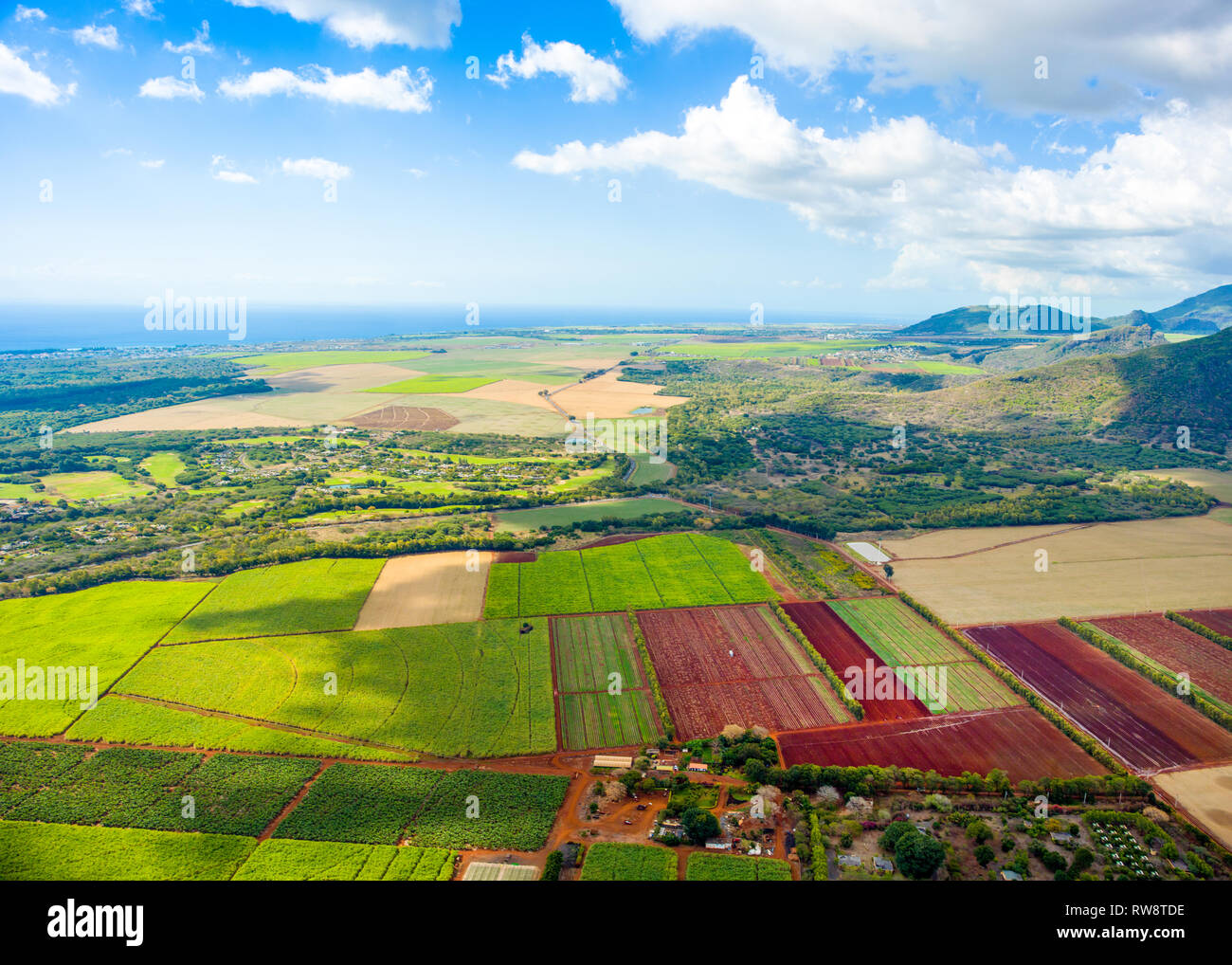 Aerial view of Mauritius island. Landscape of colorful fields and ...