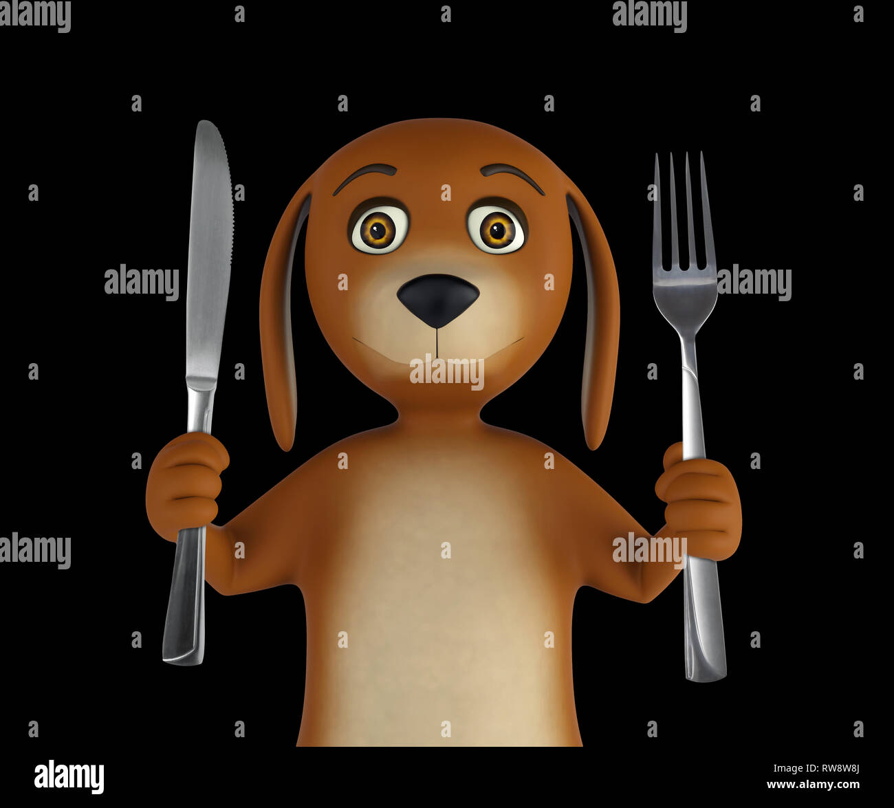 Hungry cartoon dog with knife and fork. Isolated on black background ...