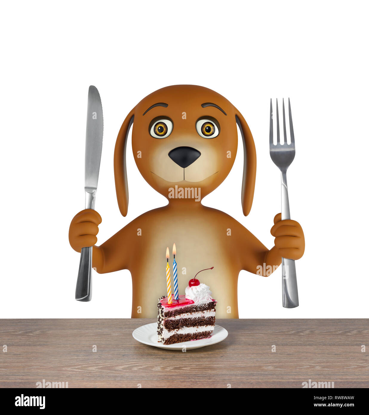 Hungry cartoon dog with cake holds a knife and fork. isolated on white ...