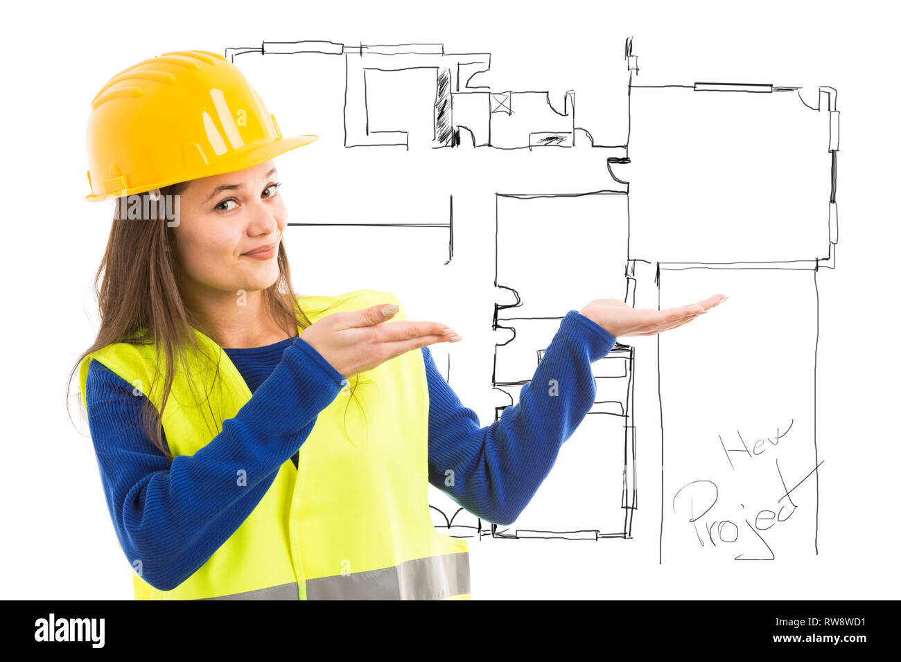 Woman architect using hand gesture for presenting house plan drawing ...