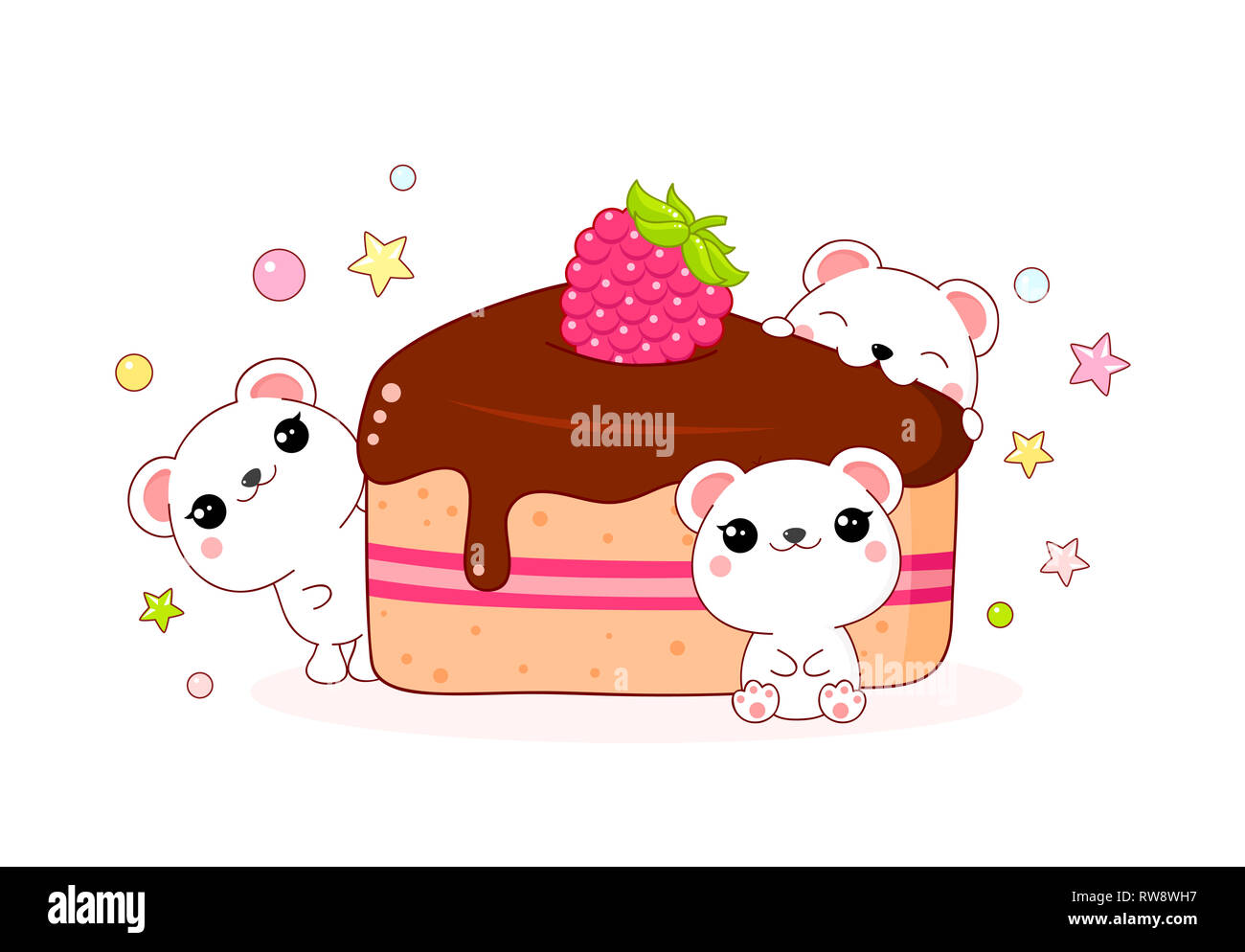 Cute yummy card in kawaii style. Lovely polar bears with a piece of ...