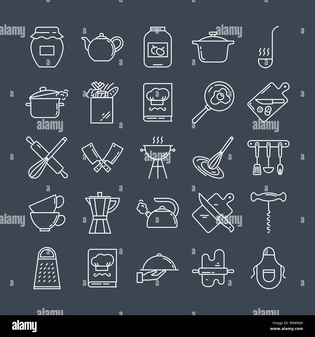 Set of clean line icons featuring various kitchen utensils and cooking ...