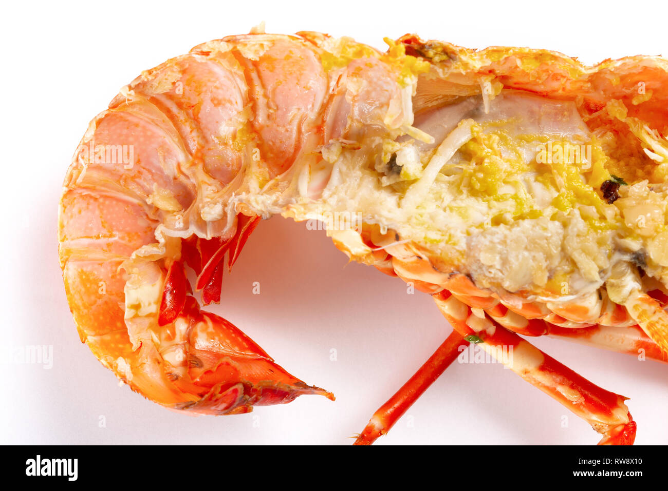 eaten lobster shell on a white background close up Stock Photo - Alamy