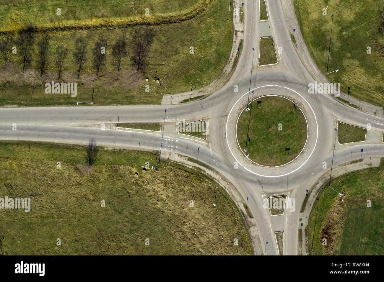 Aerial view of empty traffic circle roundabout road junction, top view ...
