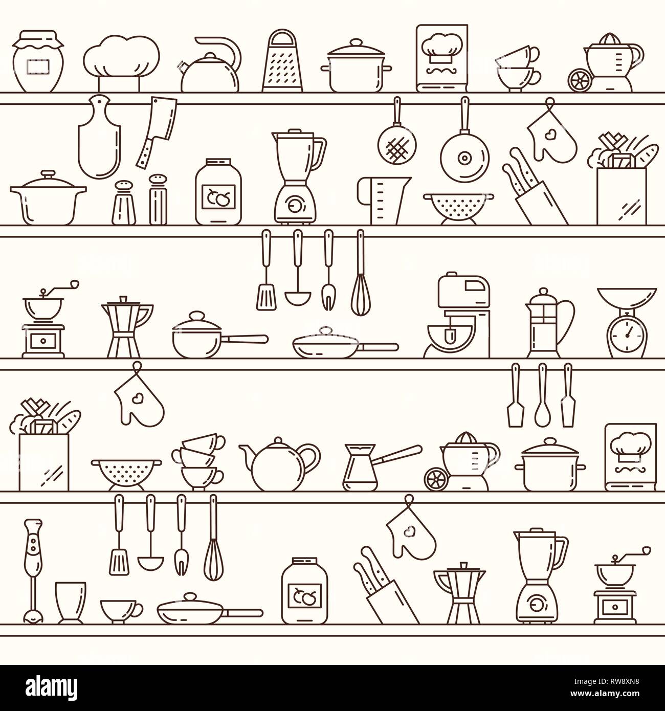 Seamless horizontal pattern with kitchen shelves full of various ...