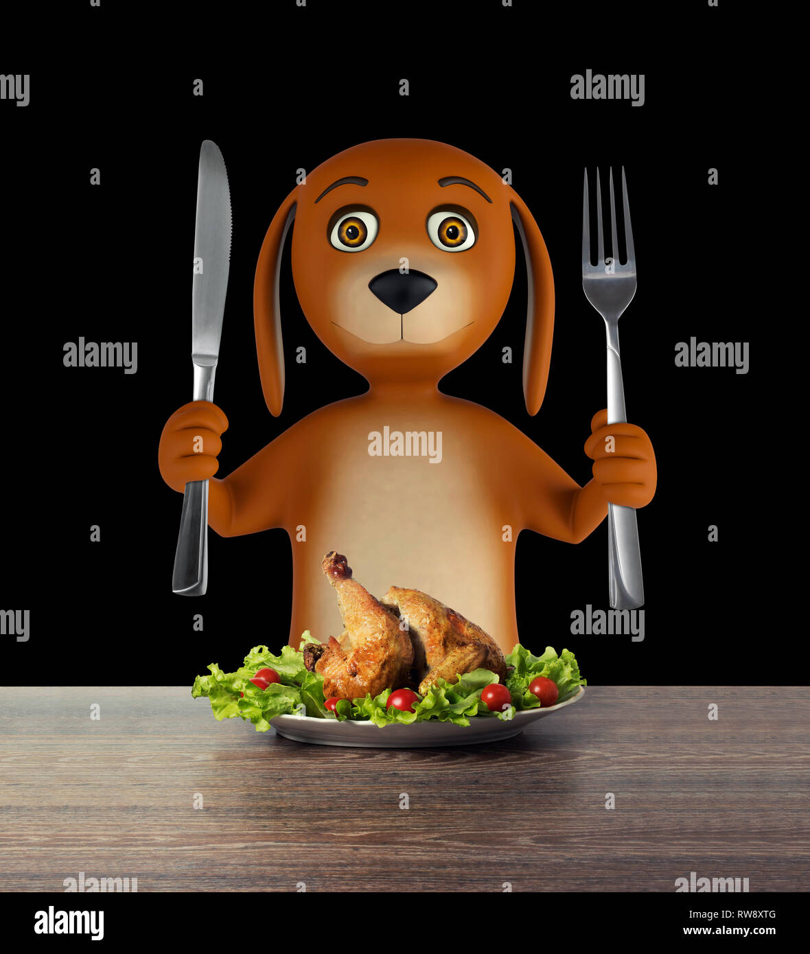 Hungry cartoon dog with bowl holds a knife and fork. isolated on black ...