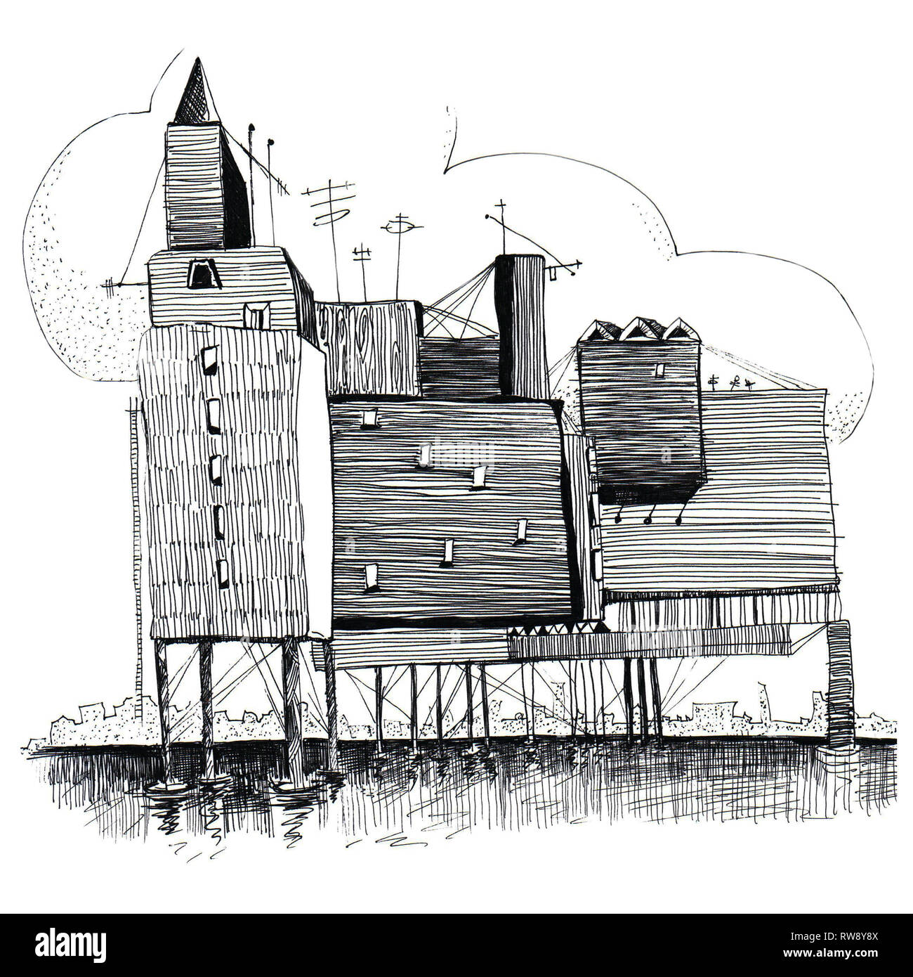 Fantasy drawing of a house on stilts against the background of the ...