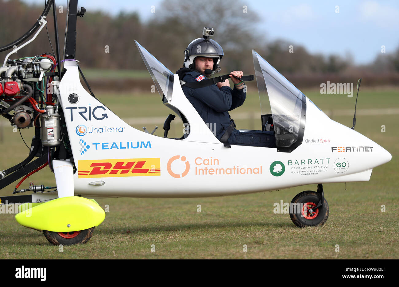 James Ketchell in his open cockpit gyrocopter at Popham Airfield in ...