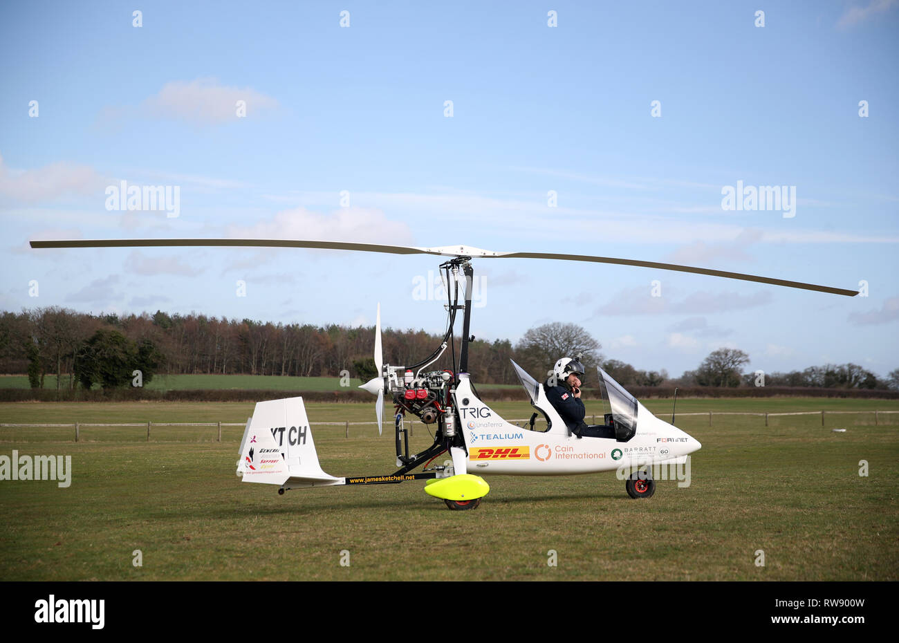 James Ketchell in his open cockpit gyrocopter at Popham Airfield in ...