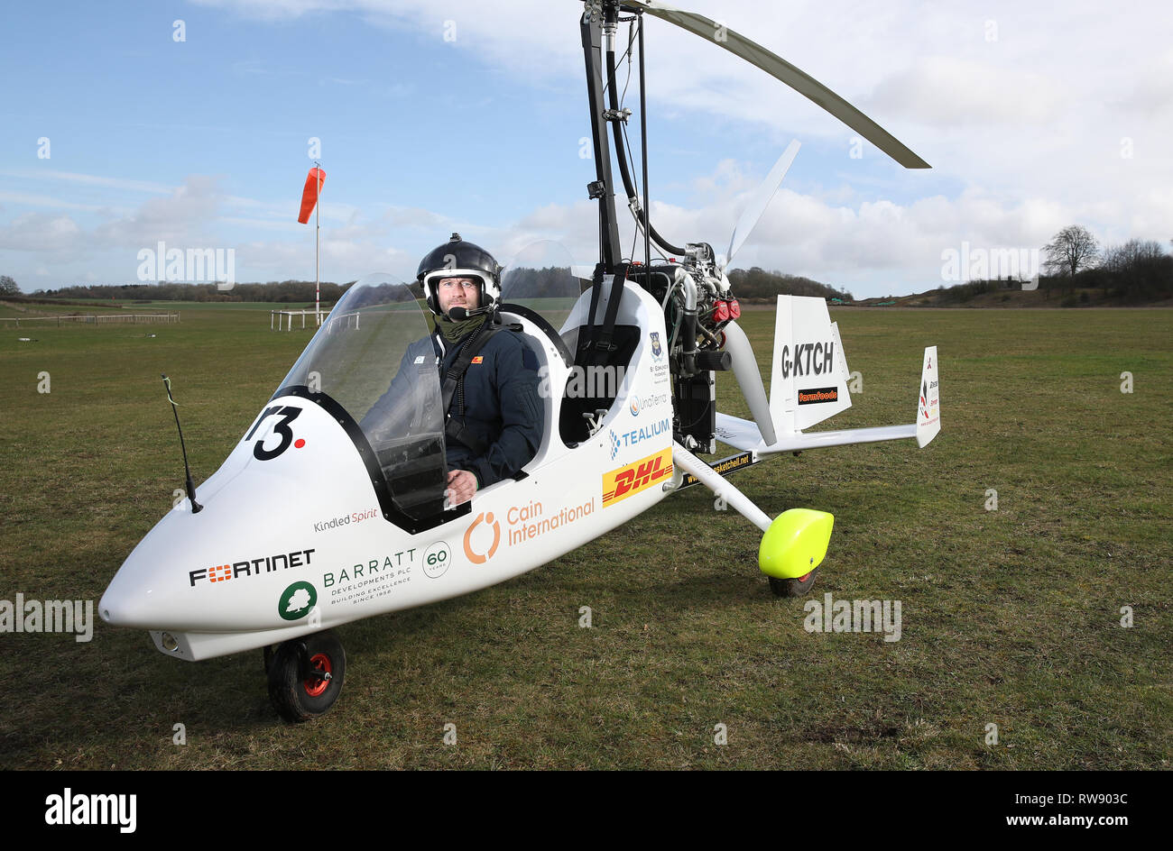 James Ketchell in his open cockpit gyrocopter at Popham Airfield in ...