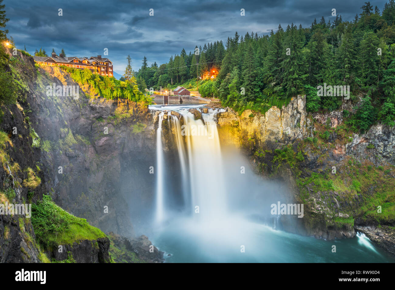 Falls City, Washington, USA at Snoqualmie Falls in the evening Stock ...