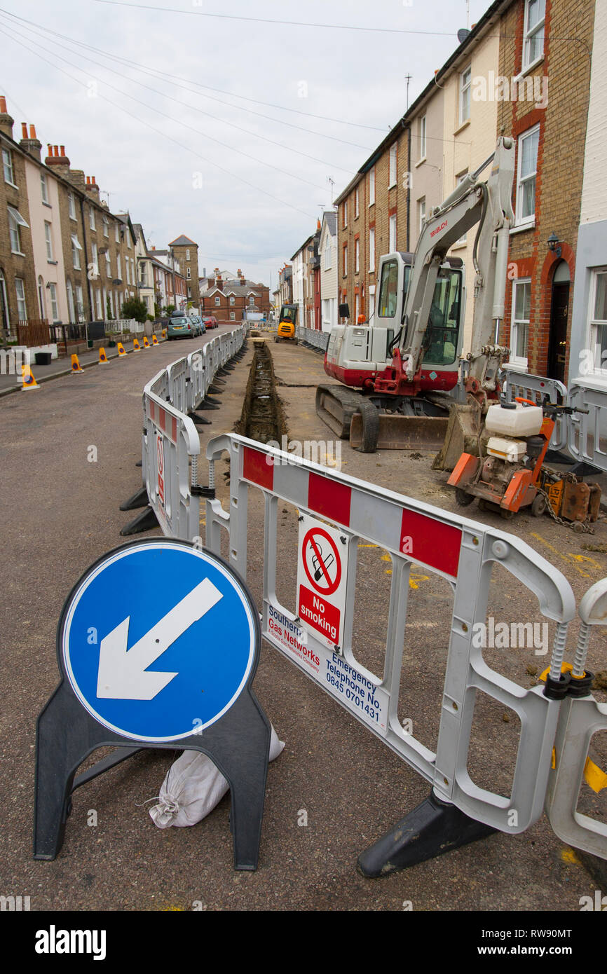 gas, road, works, street, trench, dig, digger, pipes, supply, barrier ...