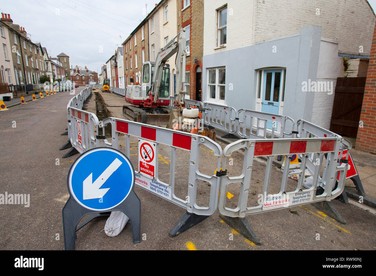 gas, road, works, street, trench, dig, digger, pipes, supply, barrier ...