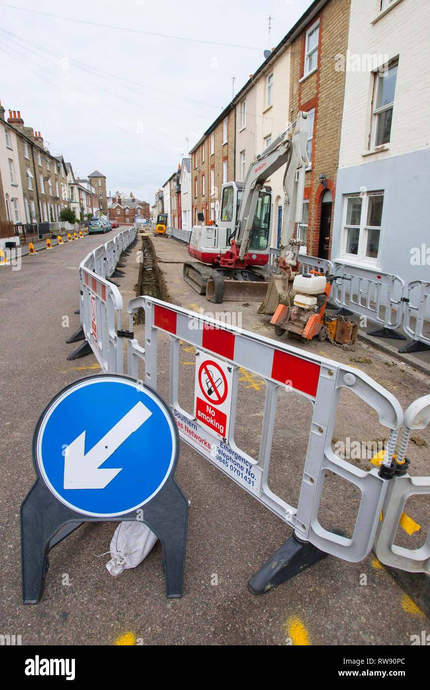 gas, road, works, street, trench, dig, digger, pipes, supply, barrier ...